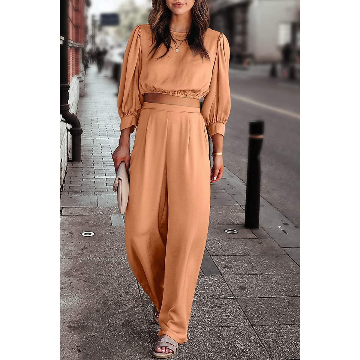 PRETTYGARDEN Women's 2 Piece Satin Outfits 2024 Spring Casual Puff Sleeve Crop Tops Blouse And Long Palazzo Pants Set (Orange,Large)