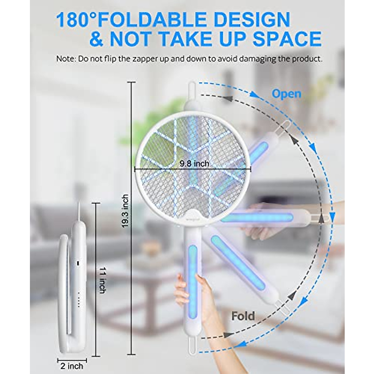 MOSQZAP Electric Fly Swatter, Foldable Bug Zapper Racket, 3,500Volt Mosquito Killer Electronic Fly Zapper w/Purple Light Attractant for Home Indoor Outdoor, Large Size, White