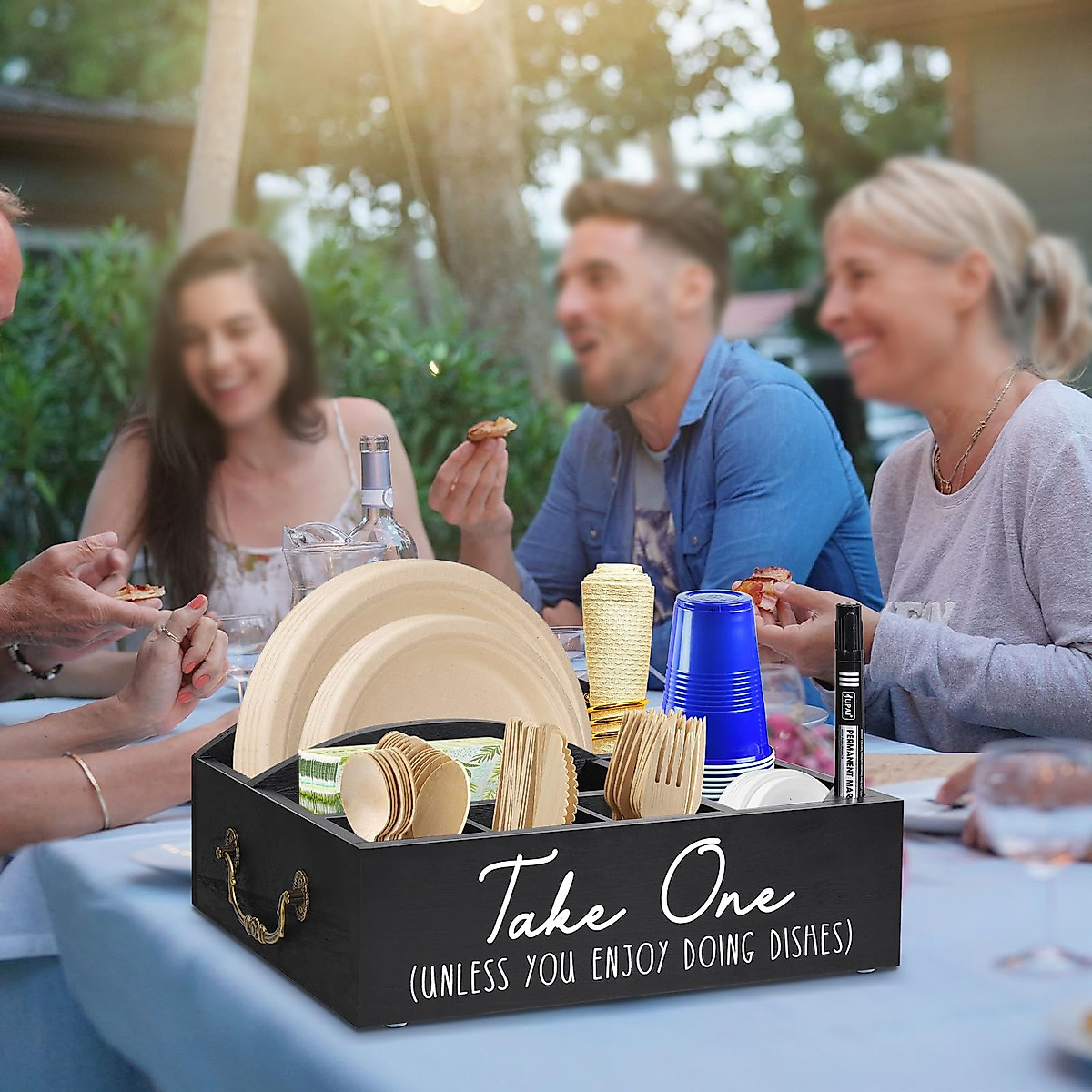 Paper Plate Holder, Paper Plate Dispenser for Kitchen Counter, Wood Cutlery Flatware Organizer Box for Party, Picnic BBQ, Wood Silverware Holder Utensil Caddy for Plate, Cup, Fork, Spoon Napkin(Black)