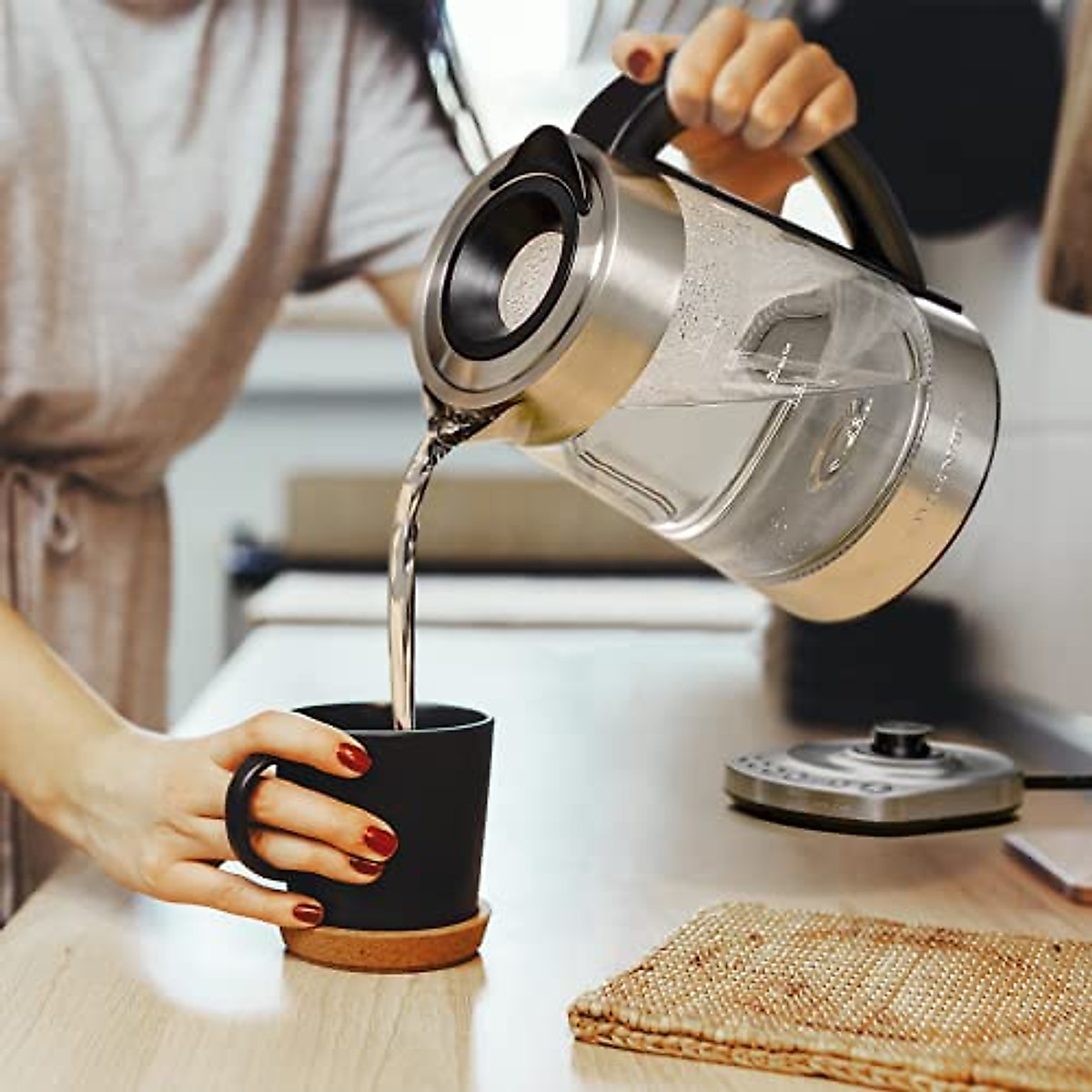 OVENTE Glass Electric Kettle Hot Water Boiler 1.7 Liter ProntoFill Tech Portable Kettle w/ Set Temperature Control, 1500W Keep Warm BPA Free w/ Stainless Steel Base & Tea Maker Infuser - Silver KG733S