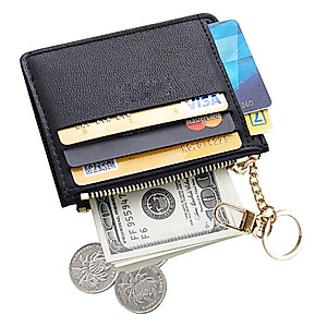 PEONY SUPREME Leather Card Holder Wallet Credit Card Holder Small Compact Wallet Coin Pouch Purse Key Pouch Gift for Women Gift for Men Black