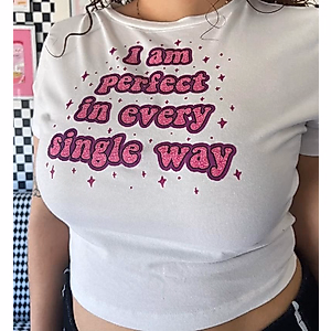 Baby Tees for Teen Girls Y2K Letter Print Crop Top Grunge Women T-Shirt Small