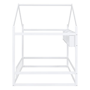 Merax Kids House Bed, Full Size Wooden Bed Frame with Fence, Roof and Storage Shelf for Kids Teens Adults, Wood Slat Support, No Box Spring Needed, Easy Assembly, White