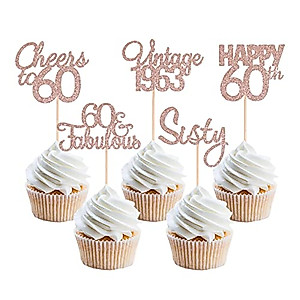 Gexolenu 30 pcs Happy 60th Birthday Rose Gold Double-Sided Cupcake Toppers Cheers to 60 Fabulous Cupcake Picks Fifty Vintage 1963 Cake Decorations for 60th Birthday Anniversary Party Supplies