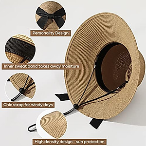 Sun Hat Womens - Beach Hats for Women, Wide Brim Straw Womens Sun Hat with Wind Lanyard Roll Up Beach Hat UV Protection Hat Foldable - Khaki