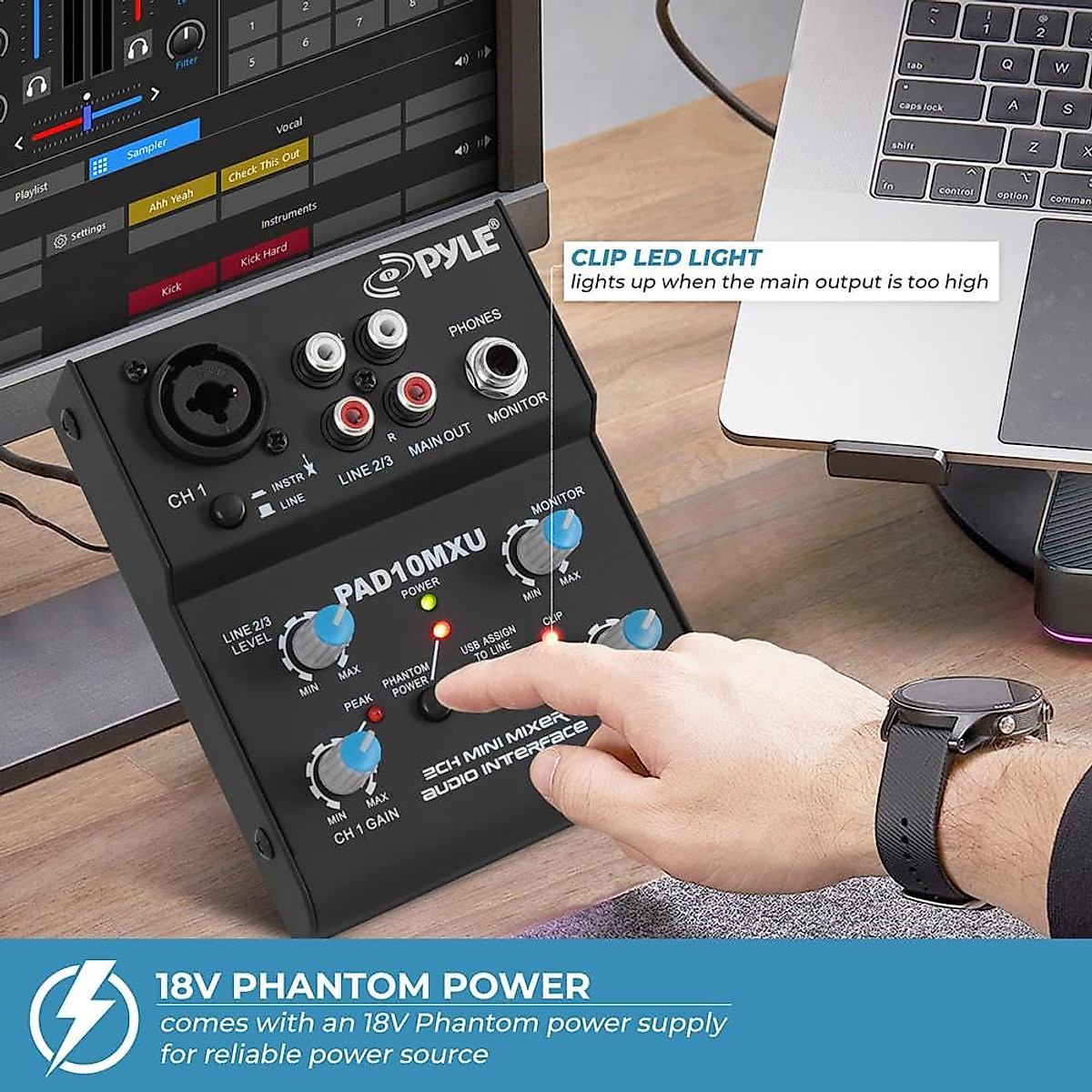 Pyle 2-Channel Audio Mixer - DJ Sound Controller Interface with USB Soundcard for PC Recording, XLR and 3.5mm Microphone Jack, 18V Power, RCA Input and Output for Professional and Beginners - PAD10MXU