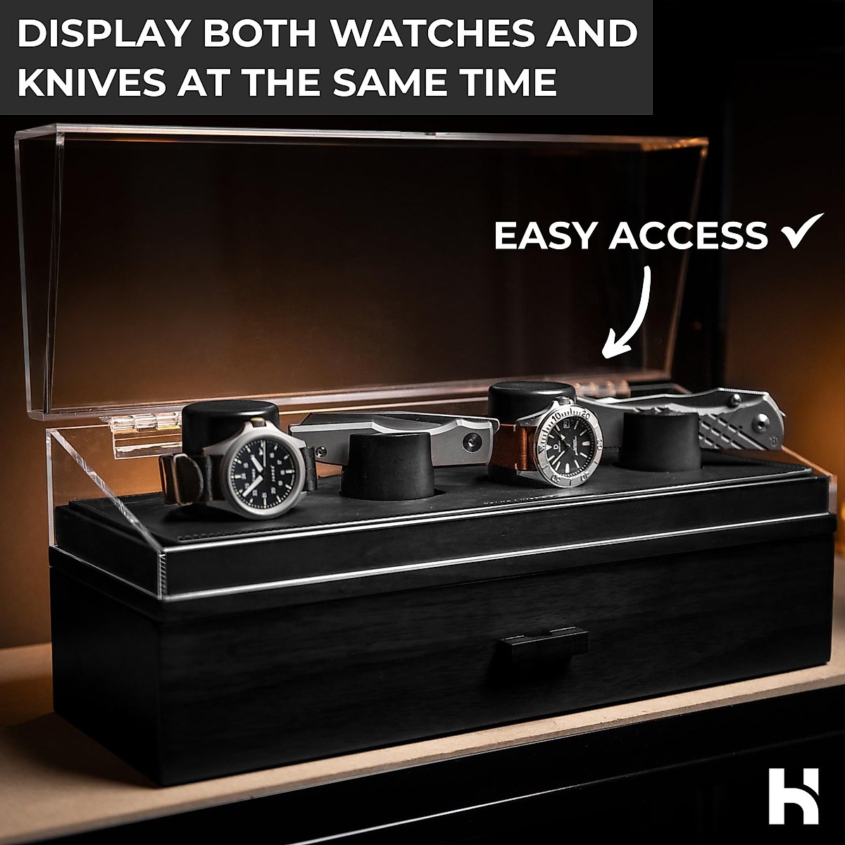 Watch & Pocket Knife Display Case – Switch Up Your Display with the Modular Pillars – Comes with Vegan Leather Padding and 4 Extra Pillars – The Combo Deck Pro – Lifetime Assarance Included