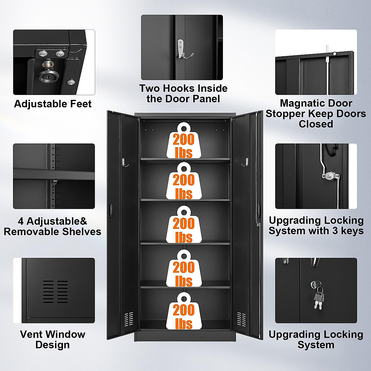 Metal Garage Storage Cabinet, Locking Garage Tool Cabinet, 71"Tall Steel Storage Cabinets with Doors and Adjustable Shelves, Locker Black Metal Tool Cabinets for Garage, Home Office, Assembly Required