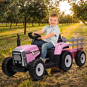 Nasitip 12V Kids Battery Powered Electric Tractor with Trailer, Toddler Ride On Car w/Remote Control/ 7-LED Headlights/ 2+1 Gear Shift/ MP3 Player/USB Port for Kids 3-6 Years (Pink, 25W/ Tread Tire)