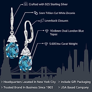 Gem Stone King 925 Sterling Silver London Blue Topaz and White Zirconia Dangle Earrings For Women (5.60 Cttw, Gemstone November Birthstone, Oval 10X8MM, Trillion 5MM)