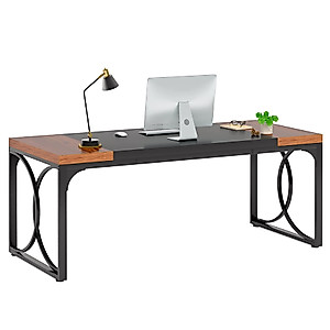 63" Executive Desk, Office Desk with Strong Metal Legs, Industrial Thicken Wood Computer Desk, Large Workstation Business Furniture, Rectangle Conference Table for 4 People, Rustic Brown and Black