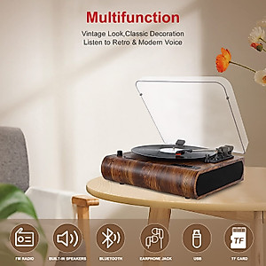 VOSTERIO Bluetooth Record Player, 3 Speed Turntable with Built-in Speakers, Retro LP Vinyl Player with BT Input & Output, FM Radio, USB & SD Card Recording, Aux in, LED Display