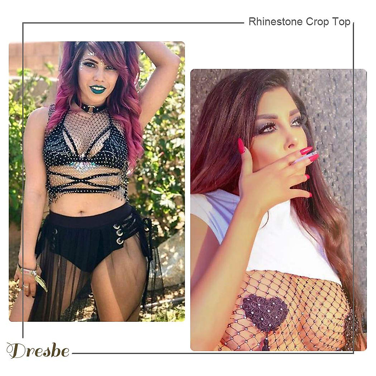 DRESBE Rhinestone Mesh Body Chains Hollow Tank Tops Bikini Crop Top Party Body Jewelry Accessories for Women and Girls (Black-V Neck-L)