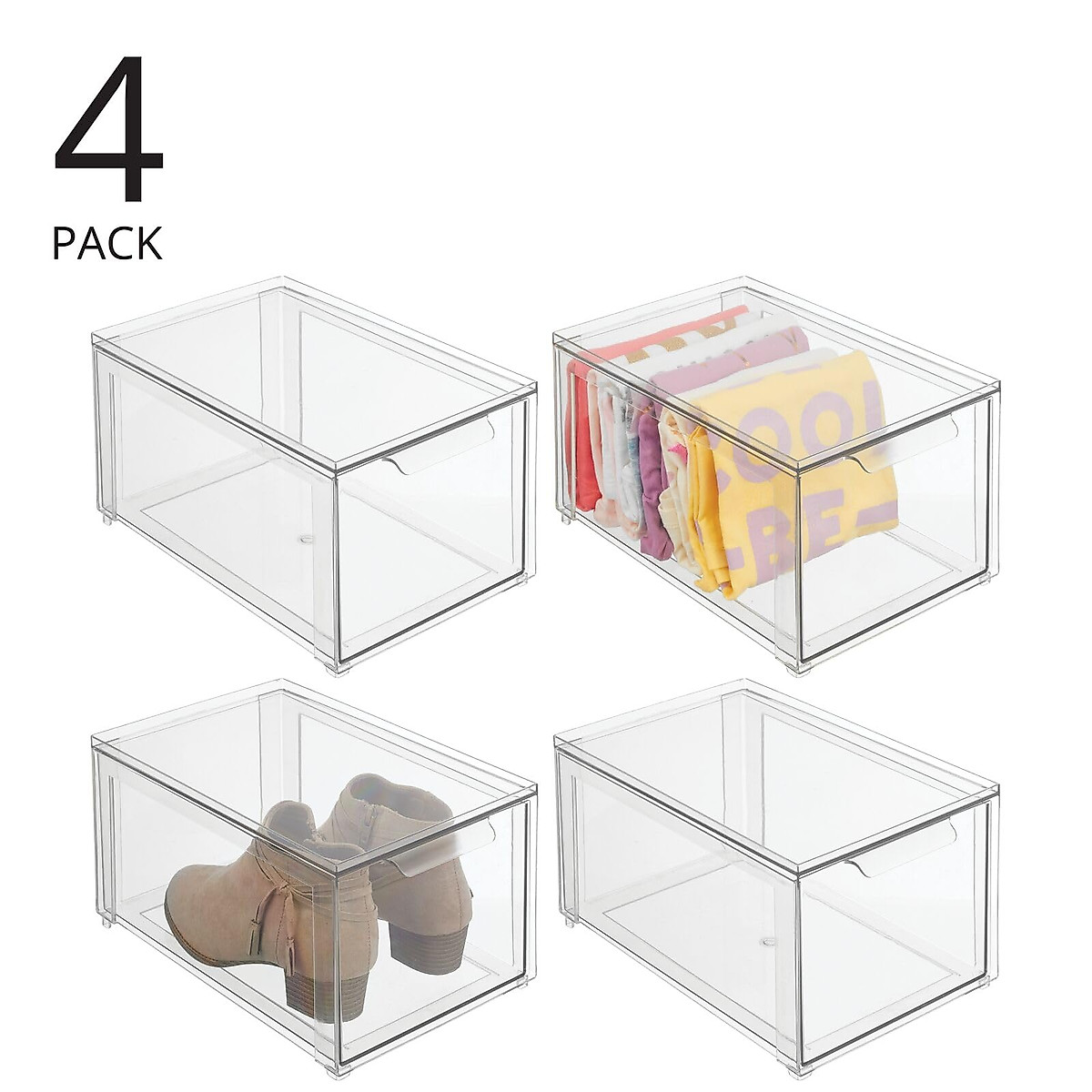 mDesign Plastic Stackable Closet Storage Organizer Bins with Pull Out Drawer for Cabinet, Desk, Shelf, Cupboard, or Dresser Organization - Lumiere Collection - 4 Pack - Clear