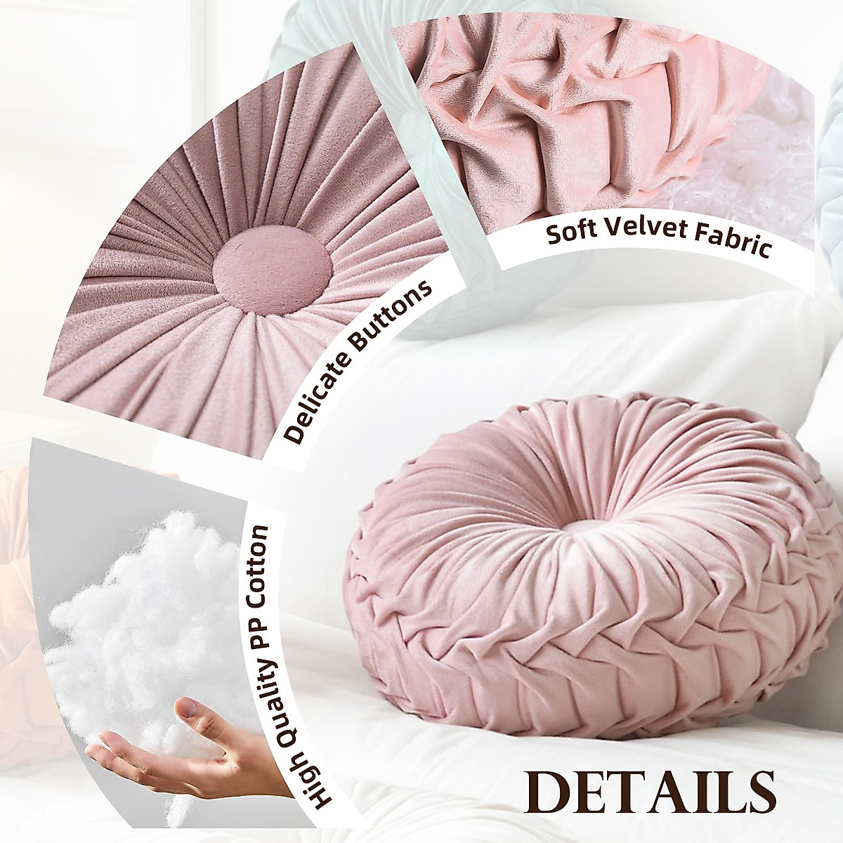 Teieas Round Throw Pillow Velvet Home Decoration Pleated Round Pillow Cushion for Couch Chair Bed Car Black
