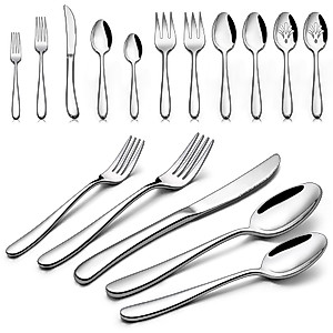 66-Piece Heavy Duty Silverware Set for 12, LIANYU Thick Flatware Set with Serving Utensils, Stainless Steel Cutlery Tableware Include Fork Knife Spoon, Mirror Finished, Dishwasher Safe