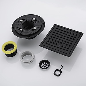 Orhemus 6 Inch Square Shower Drain with Adjustable Shower Drain Base Flange, SUS 304 Stainless Steel Floor Drain with Removable Cover Grid Grate, Matte Black