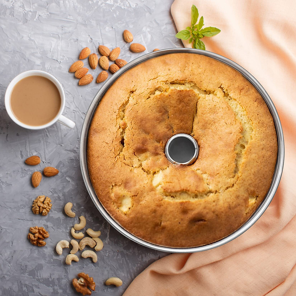 P&P CHEF Angel Food Cake Pan, 10 Inch Cake Pan Round Baking Tube Tin for Baking Pound Cakes, Conical Hollow & One-piece Design, Stainless Steel Core & Heavy-duty, Oven Safe - Silver