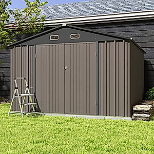 Patiowell 10 x 10 FT Outdoor Storage Shed, Steel Yard Shed with Design of Lockable Doors, Utility and Tool Storage for Garden, Backyard, Patio, Outside use,Brown