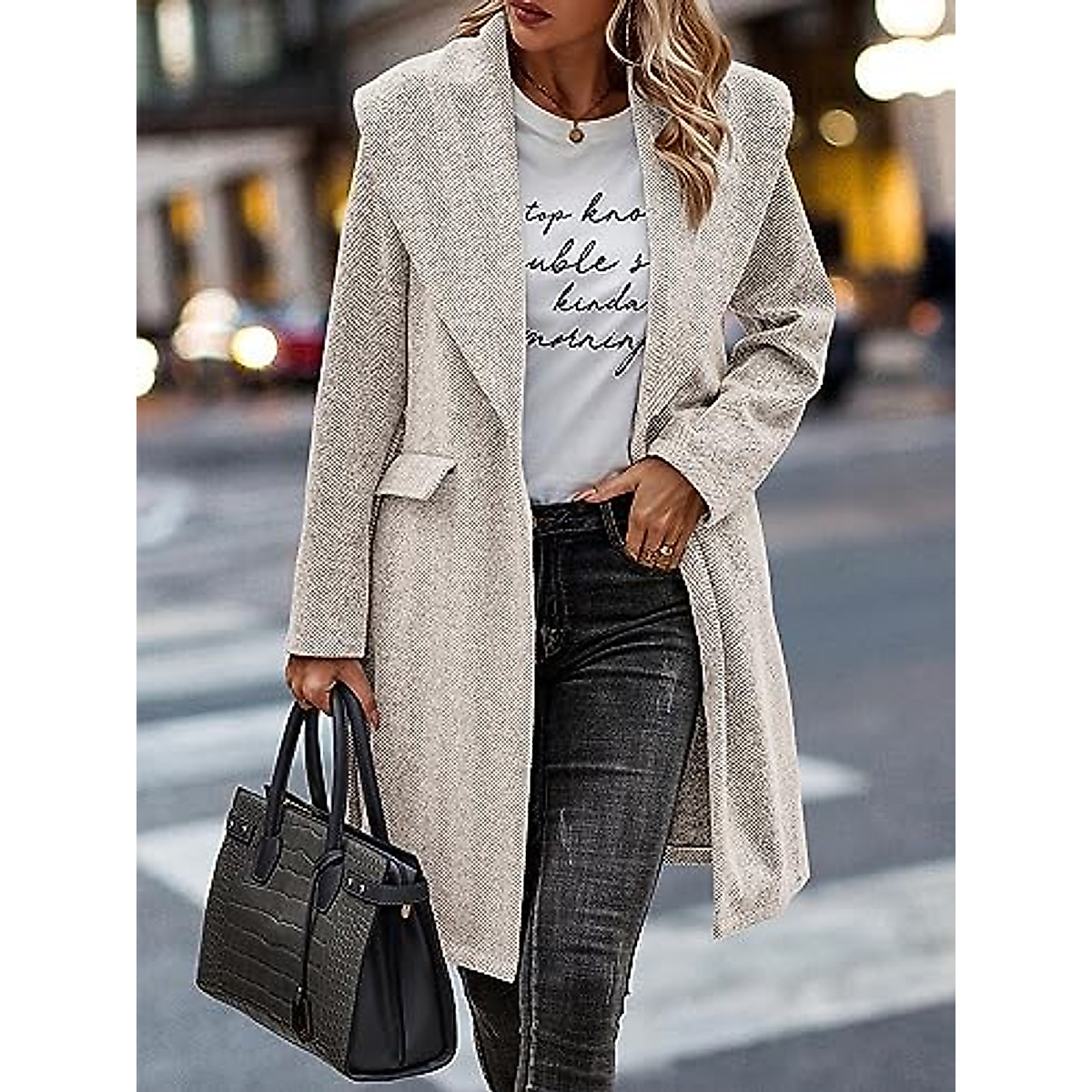 ECOWISH Women Coat Long Jacket: Winter Fashion Long Sleeve Lapel Casual Overcoat With Belt Beige Large