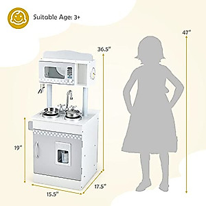 HONEY JOY Kids Kitchen Playset, Double Side Little Chef Play Kitchen for Toddlers, Oven & Sink, Ice Cube Dispenser, Utensils, Microwave, Storage Cabinet, Wooden Pretend Play Toy Kitchen Set, Gray