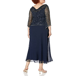 J Kara Women's Plus Size Long Beaded Dress with Cowl Neck, Navy/Mercury, 20W