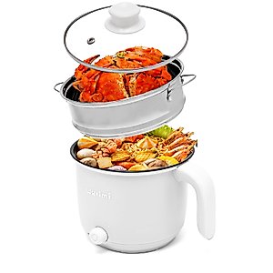 Wxvimi Hot Pot Electric,Electric Noodle Pot,Non-Stick Electric Cooking Pot,Rapid Noodles Cooker,1.8L Electric Ramen Cooker with Steamer,Suitable for Pasta,Dumplings,Soup,Steak.(Rotary switch) White