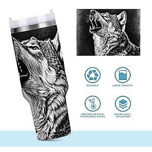 ODAWA 40oz Travel Insulated Tumblers with Handle and Straw, Black White Wolf Double Wall Insulated Tumbler