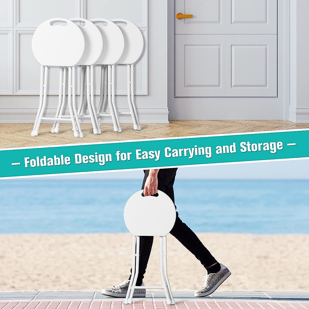 Giantex Set of 4 Folding Stool, Round Foldable Bar Stools, 4 Pack Portable Folding Chairs with Handle, Collapsible Stools 18 Inch 330lbs Capacity for Camping RV Party (White)
