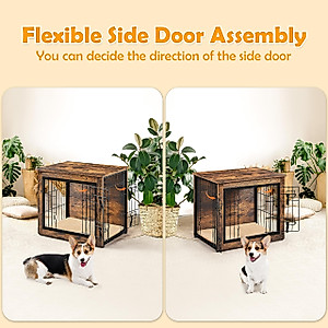 Yaheetech 27.5'' Dog Crate Furniture with Cushion Wooden Dog Crate with Double Doors/Adjustable Feet Side End Table for Small/Medium Dogs, 27.5" L x 20" W x 24" H