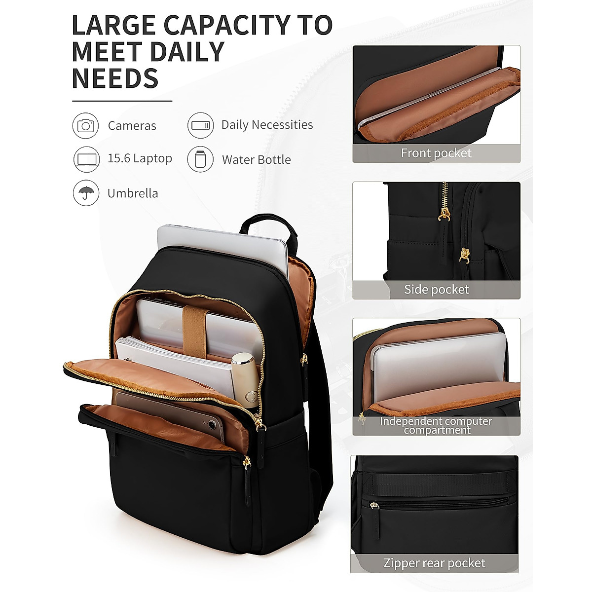 Laptop Backpack Women Teacher Black Backpack Work Computer Backpack with Laptop Compartment College Waterproof Anti Theft Backpack Casual Daypack Business Travel Backpacks for Women Carry On Bag