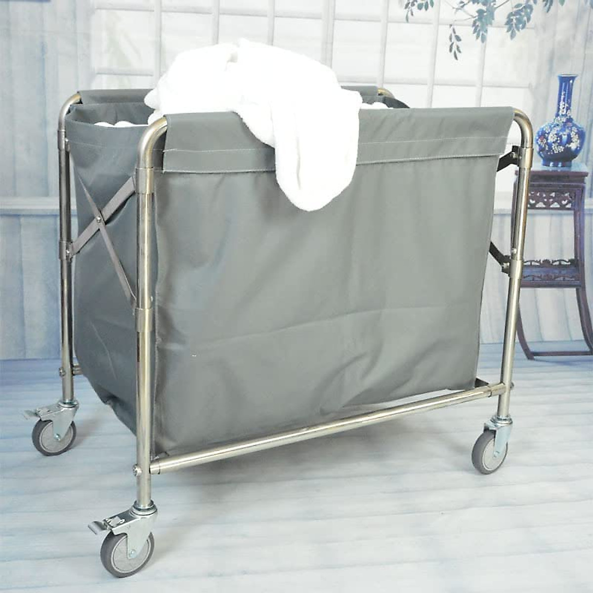 MYOYAY Laundry Sorter Cart with Wheels Collapsible Laundry Hamper Basket Trolley Foldable Commercial Rolling Laundry Cart with Steel Frame and Waterproof Lining for Home/Hotel/Hospital