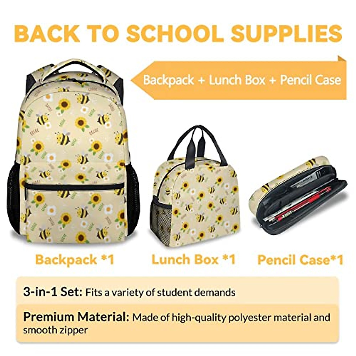 CUNEXTTIME Bee Backpack with Lunch Box And Pencil Case, Set of 3 Cute Bookbag for Girls Boys, Lightweight Large Capacity School Bag