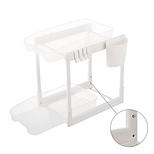 Under Sink Organizers and Storage, Double Sliding Cabinet Organizer Drawer,Pull Out Cabinet Organizer 2 Tier Large Capacity Under Bathroom Storage Rack with 6 Hooks, 1 Hanging Cup, Translucent,1 Pack