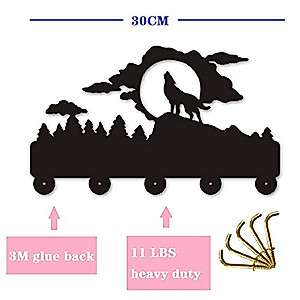 Howling Wolf Key Hook-Wildlife Animal Wall Hooks,Wall Door Clothes Coat Hat Hanger Key Holder with 5 Metal Hooks Strong Adhesive Sticker Wood Hook, Wildlife Animal Home Décor.(W1)