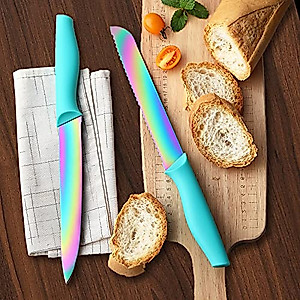 DISHWASHER SAFE Knife Set, Marco Almond®14PC Rainbow Titanium Kitchen Knife Set, KYA27 Knives sets for Kitchen with Block, Teal