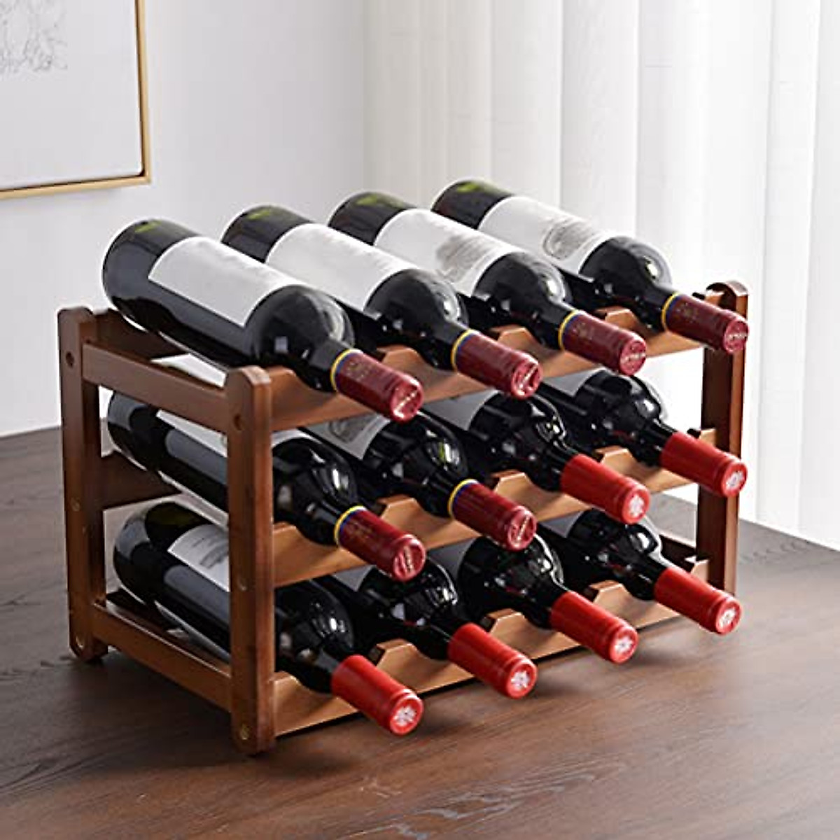 BESPORTBLE Wooden Wine Storage Rack Stackable Wine Bottle Holder 3 Layer Rustic Wine Shelf Cabinet Display 12 Bottles Organizer for Home Bar Shop Countertop