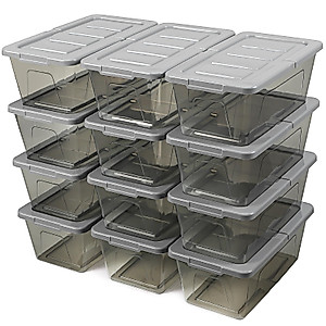 EOENVIVS 12 Packs Clear Storage Bins with Lids Stackable Shoe Boxes Storage Box with Lids For Organization, Clear Plastic Storage Containers For Closet Home Office, Smoky Grey