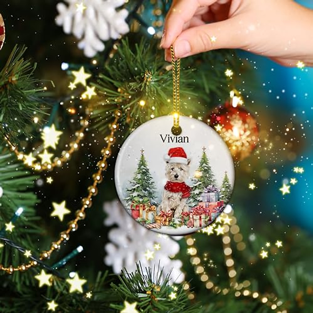 Dog Christmas Ornaments Personalized West Highland White Terrier Round Shaped Ceramic 3 Inch Present for Pet Lover Family Friends Custom Dogs with Santa Hat Decor Xmas Tree Home Party Pendant Gift