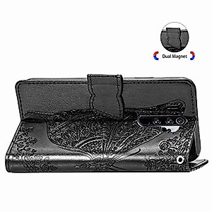MEIKONST Xiaomi Redmi Note 8 Pro Case, Elegant Embossed Black Butterfly Soft PU Leather Flip Wallet Case with Stand Magnetic Closure Protective Cover for Xiaomi Redmi Note 8 Pro,SD Black Butterfly
