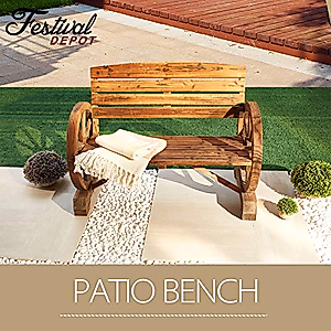 Festival Depot Wooden Wagon Wheel Bench Rustic Armrest Chair 2-Person Outdoor Patio Furniture Loveseat with Backrest, Slatted Seat for Garden Country Yard, Burnt-Finished