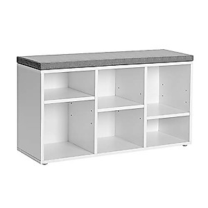VASAGLE Shoe Bench, Shoe Storage Organizer with 6 Compartments and 3 Adjustable Shelves, Cushioned Seat, Compact and Narrow, for Entryway, Hallway, Closet, White and Gray ULHS23WT