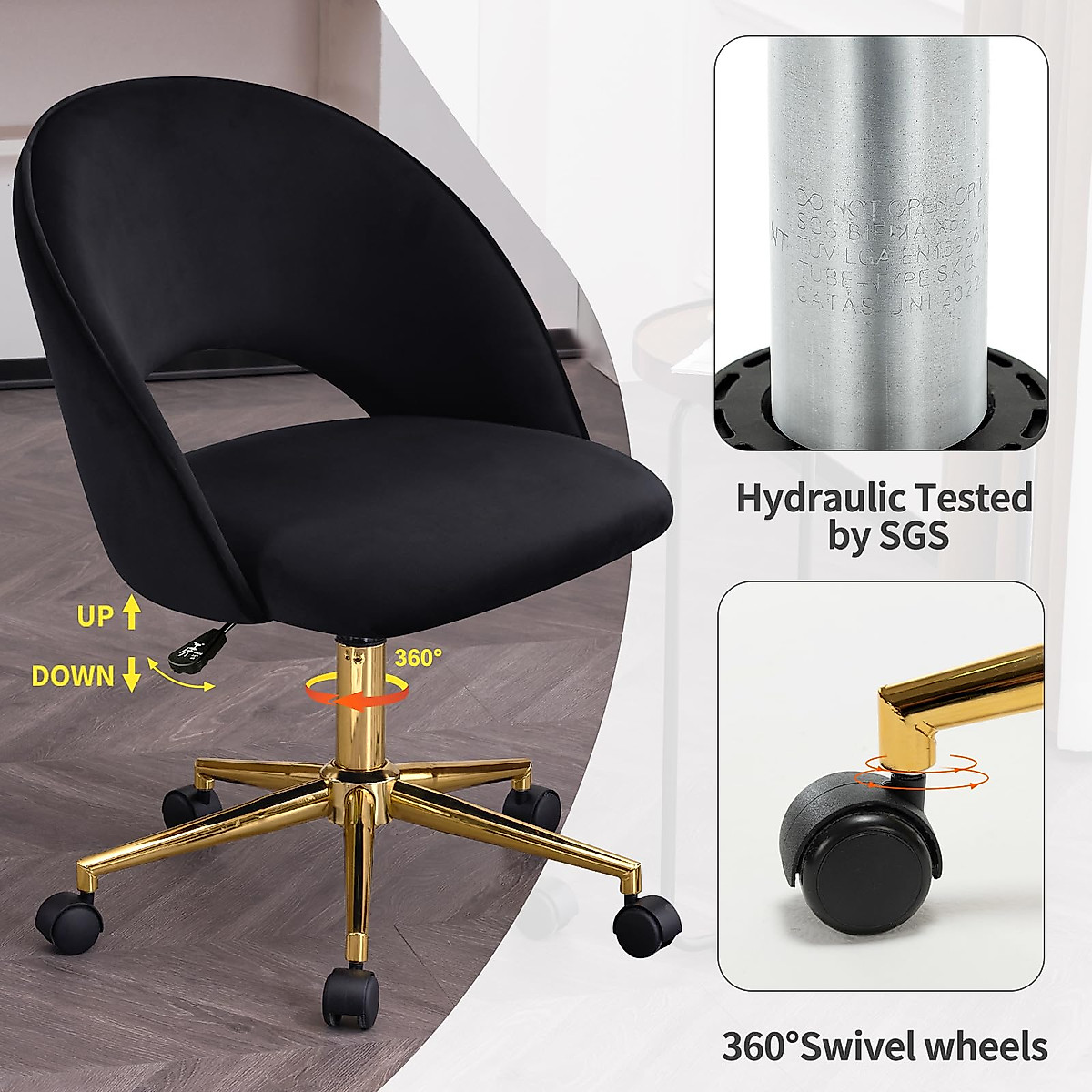 Furniliving Velvet Home Office Chair, Height Adjustable Swivel Vanity Chair with Wheels, Upholstered Desk Task Makeup Chair Computer Chair with Gold Metal Base Stool Chairs (Black)
