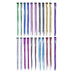 SWACC 22 Pcs Colored Party Highlights Clip on in Hair Extensions Multi-Colors Hair Streak Synthetic Hairpieces (11 Colors 22 Pcs in Set -Sparkling & Shiny Hair Tinsel Strands)