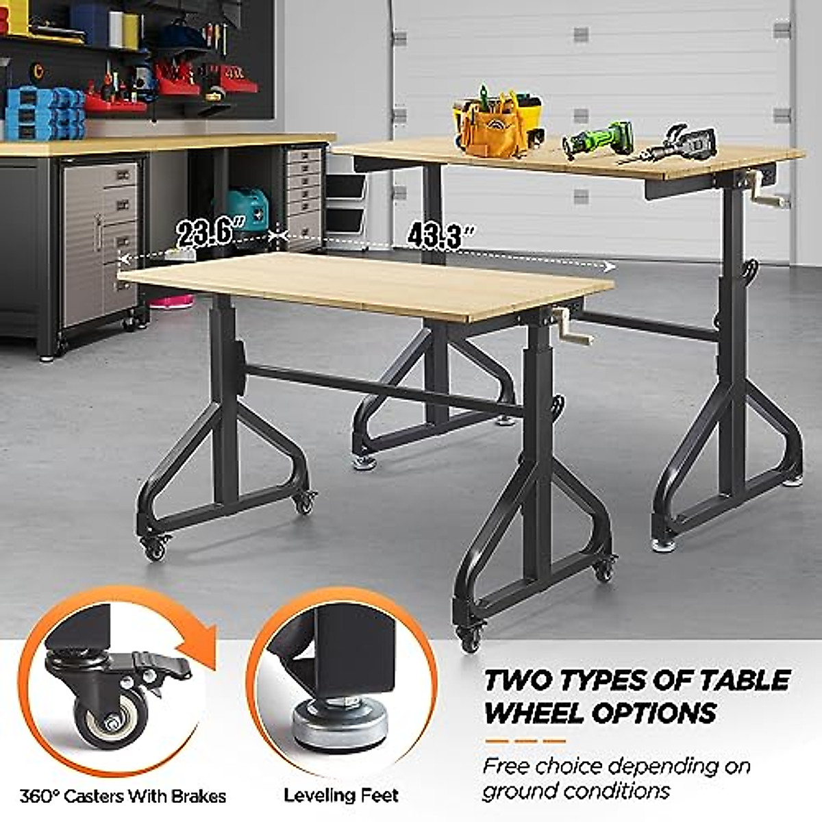 BMJX 43.3” Work Benches for Garage Height Adjustable Work Table with Crank Handle & Casters, Heights from 30” to 41.3”, Wooden Top Workbench for Workshop, Office, Home