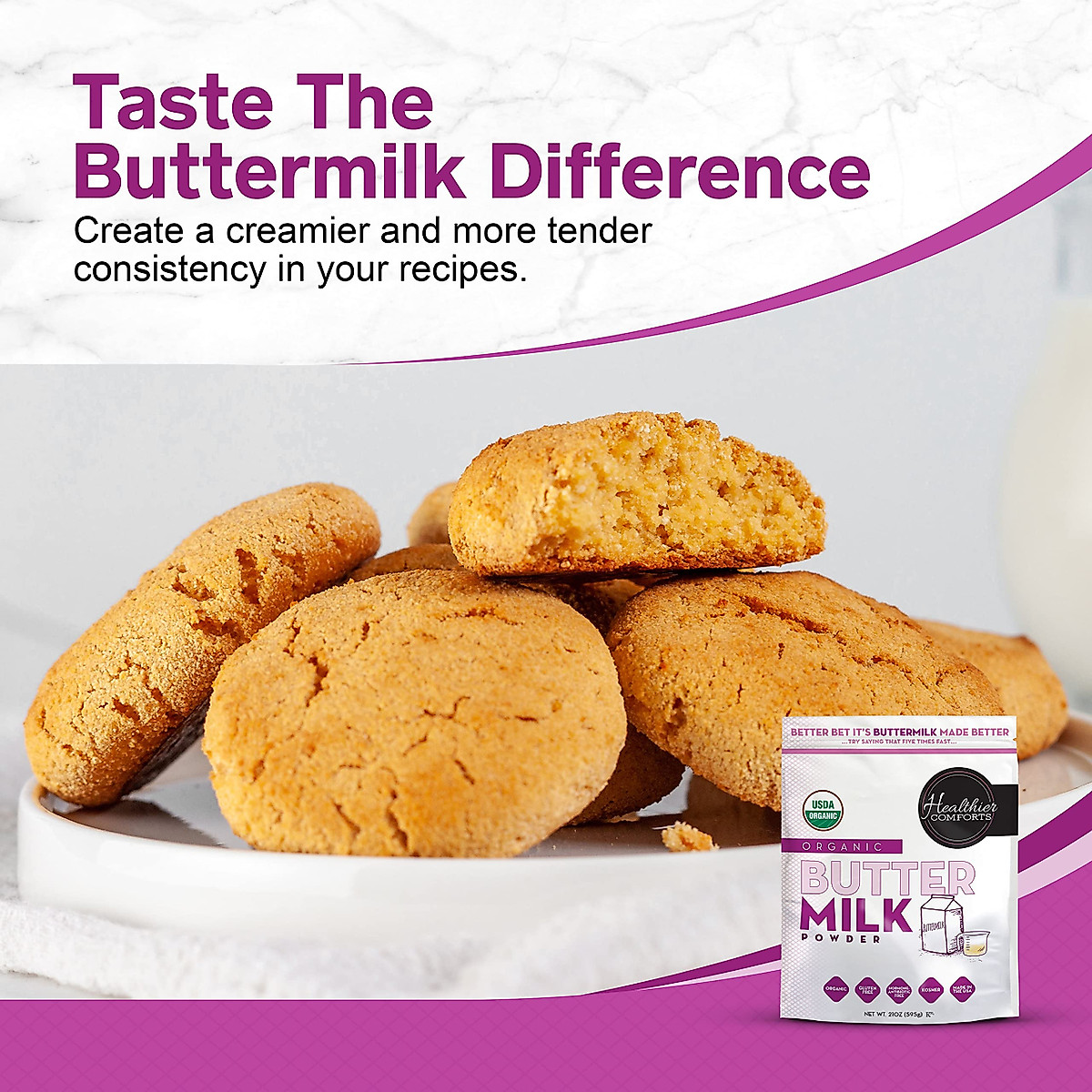 Healthier Comforts Organic Buttermilk Powder | USDA Certified Organic Powdered Buttermilk, Kosher, Gluten Free, Non-GMO | Dry Buttermilk Powder for Baking Supplies, Biscuits & Gravy, Mini Pancakes 21oz