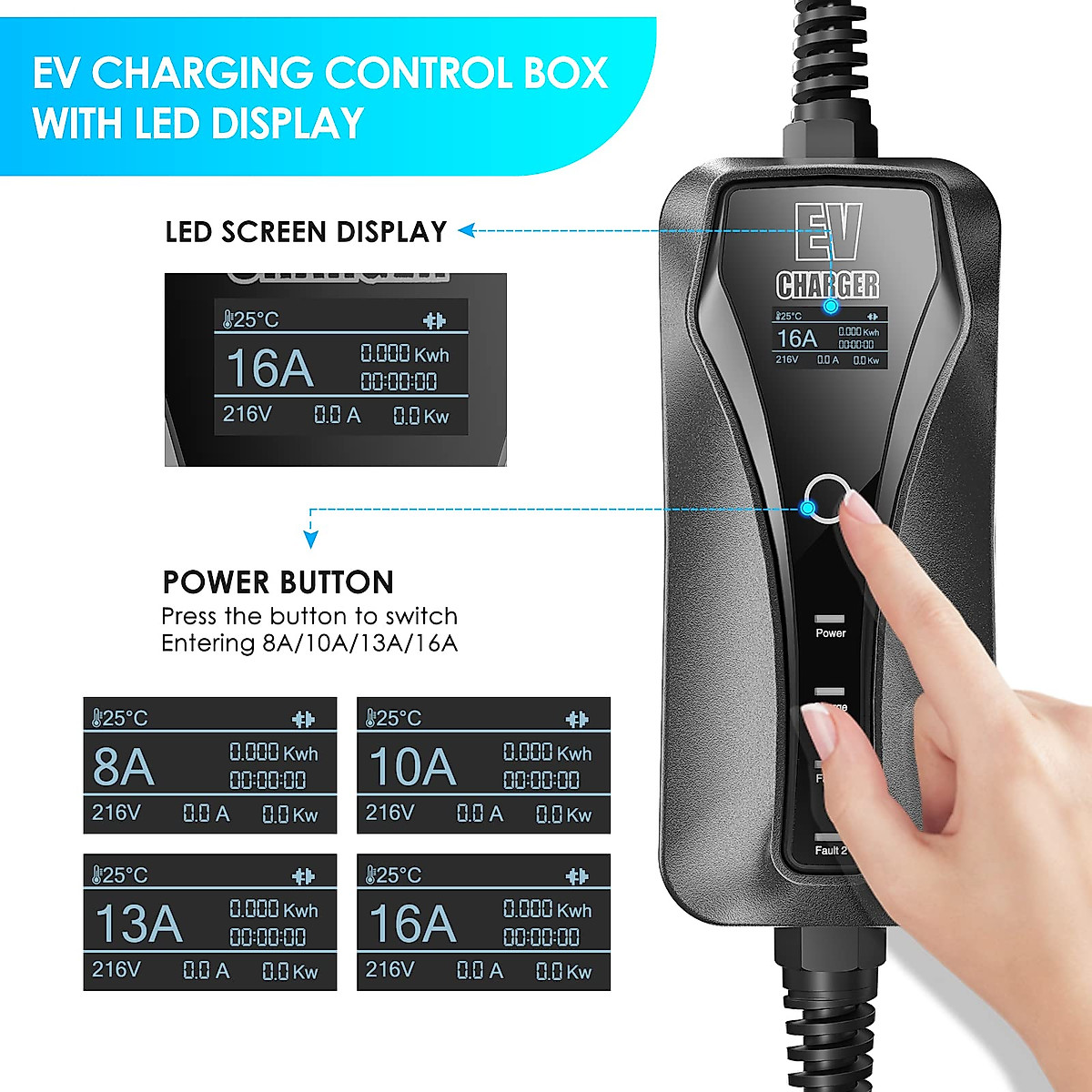 EVJUICION Level 1-2 EV Charger, 110-240V 6-16Amp Adjustable Current Electric Vehicle Charger, 16Ft Cable Universal EV Car Charger NEMA 6-20 Plug with NEMA 5-15 Adapter for J1772 Electric Cars