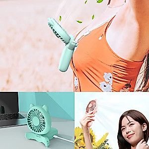 Yuewilai Portable Personal Neck Fan 3 in 1 Handheld/Wearable/Desk Mini Fans, Rechargeable Hanging Adjustable 3 Speed with Long-Lasting Battery for Travel Sports Home Traveling Office (White Cute)