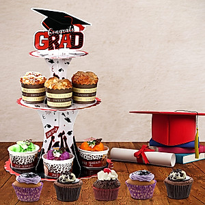 Nuenen 2 Pieces Graduation Cupcake Stand 3 Tier Black Graduation Cupcake Holder 2024 Congrats Grad Cupcake Holder Dessert Tower for Graduation Party Decorations Supplies Favors (Red)