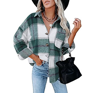 ZOLUCKY Womens Green Flannel Shirt Plaid Shacket Long Sleeve Button Down Shirts Casual Oversized Shackets, Green and White 3X-Large